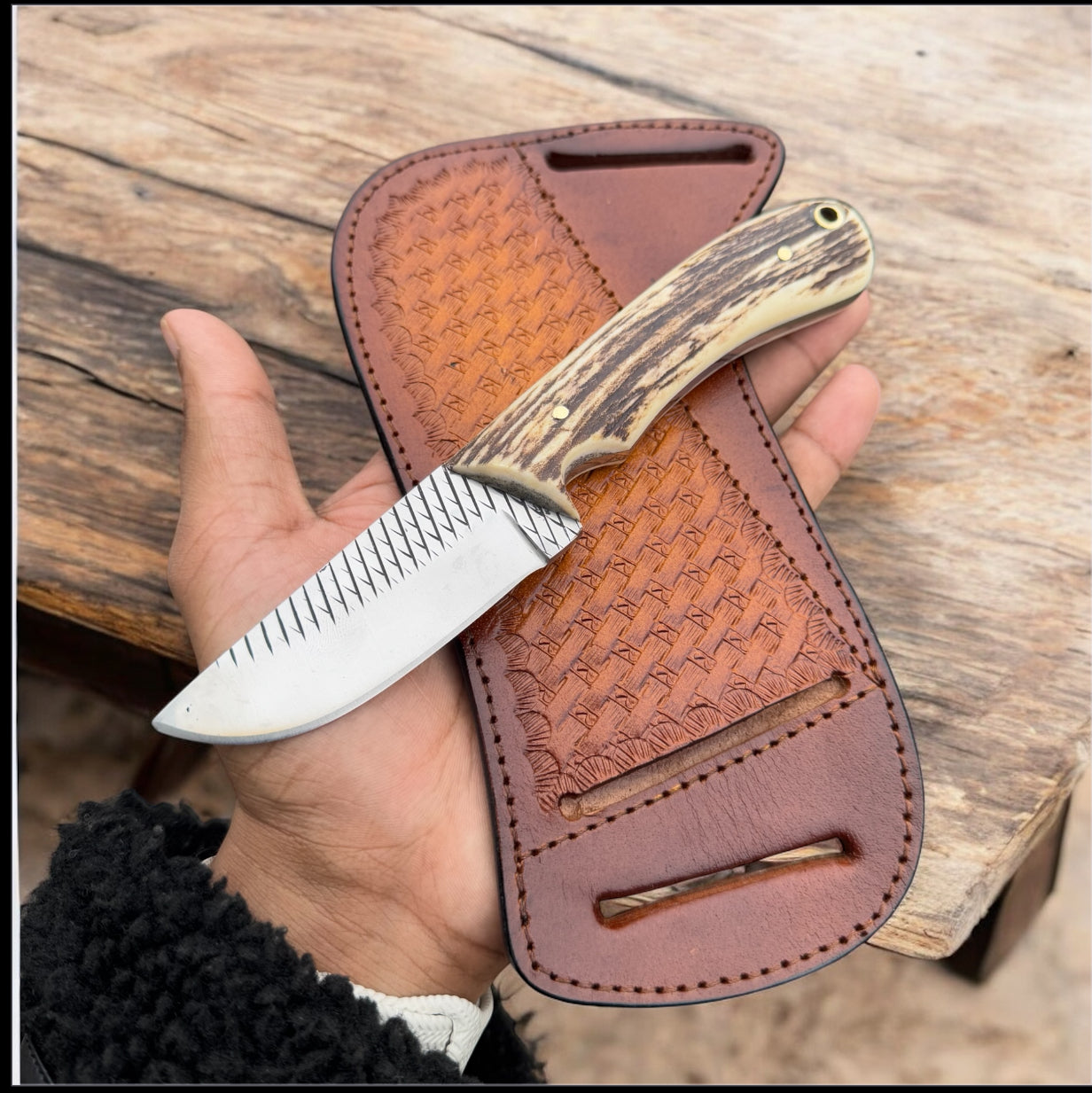 Wrangler's Edge Cowboy Knife – Stag Horn Handle with Leather Case – SCY ...
