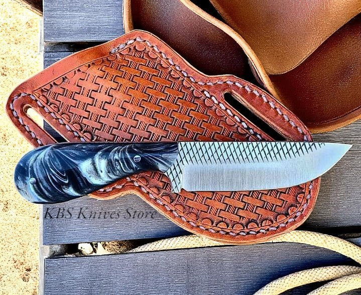 Handmade Cross Draw Knife with Sheath – Rasp Steel Blade & Epoxy Resin ...