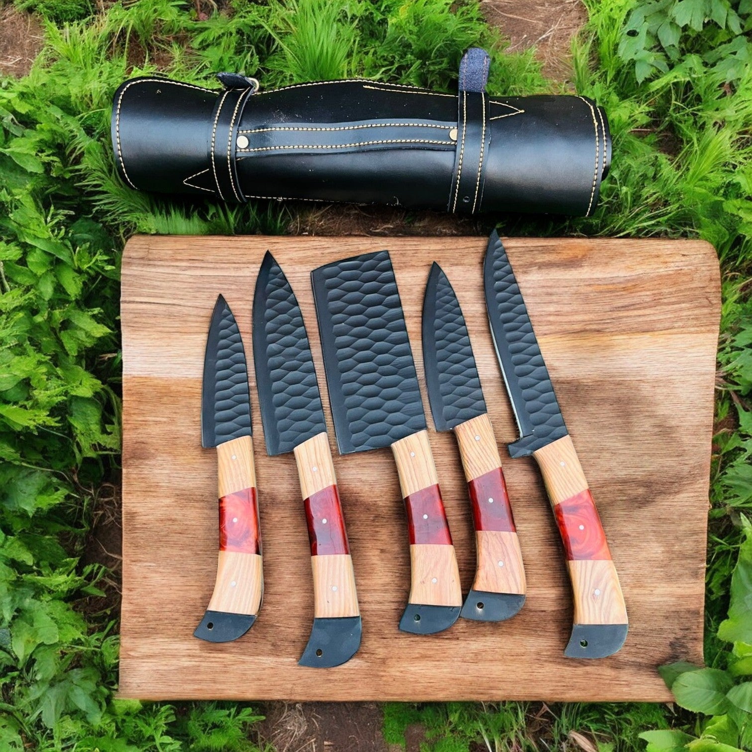 Premium Custom Kitchen Knives Set - Hand Forged & Olivewood Handles ...